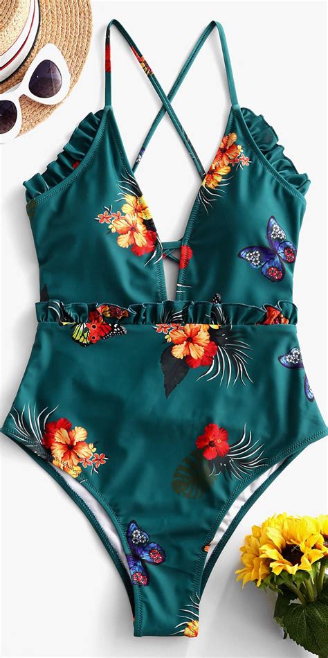 Frilled Floral Butterfly Lace Up One Piece Swimsuit Swimsuits Cute