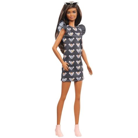 Papusa Barbie Fashionista Cu Par Negru Rochie Cu Soricei Si Ochelari