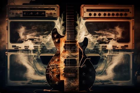 Close Up Of Electric Guitar Details On Double Exposition Musical