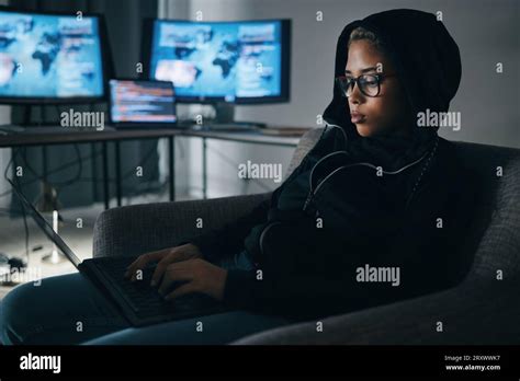 Hacker Woman With Laptop And Information Technology Global Network And Database With Phishing