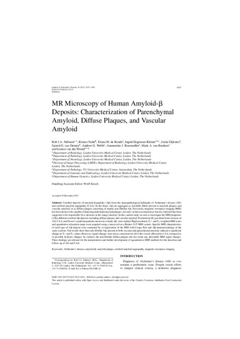 Pdf Mr Microscopy Of Human Amyloid β Deposits Characterization Of