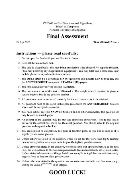Cs2040s Final With Solutions 2023 Cs2040s — Data Structures And