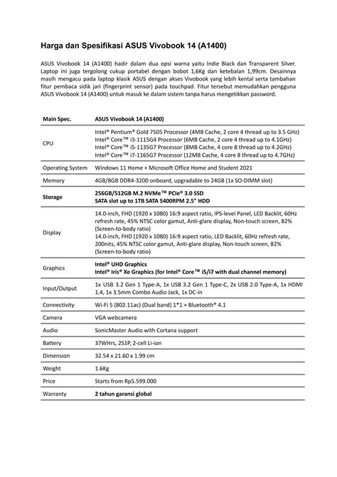 Harga Dan Spesifikasi Asus Vivobook A Pdf
