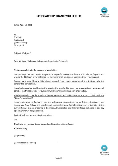 Scholarship Thank You Letter Format Templates At