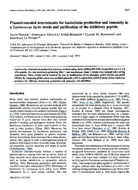 Pdf Plasmid Encoded Determinants For Bacteriocin Production And