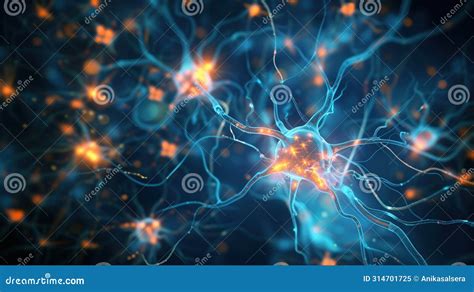 neurons firing signals across neural synapse close up glial cells