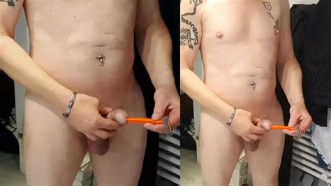 Inserting Curved Hand Razor Handle Into His Cock Before Shower Gay