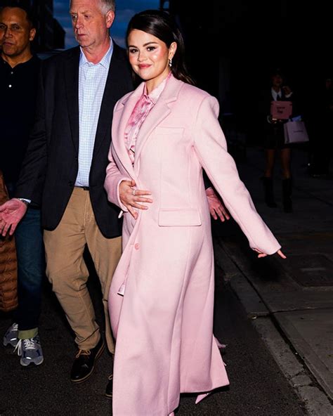 Selena Gomez Rare Beauty Pink Coat California Outfits