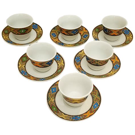 Etege Ethiopia Traditional Coffee Mugs Set ‚Äì 12 Pcs Tibeb Pattern 6 Porcelain Cups 3oz And 6