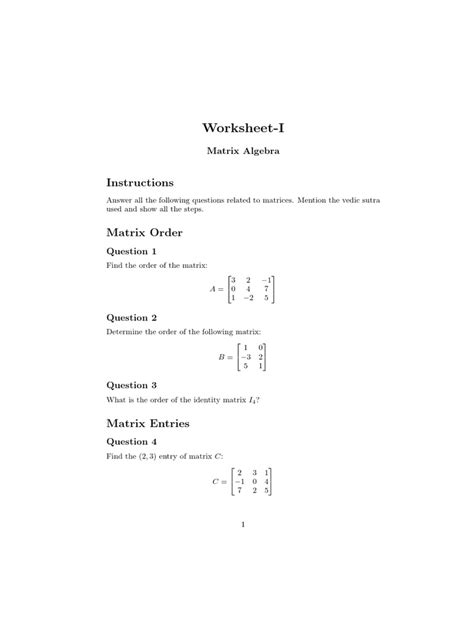 Worksheetmatrixalgebra Pdf Matrix Mathematics Determinant