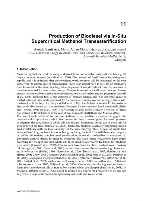 Pdf Production Of Biodiesel Via In Situ Supercritical Methanol · Supercritical Fluid