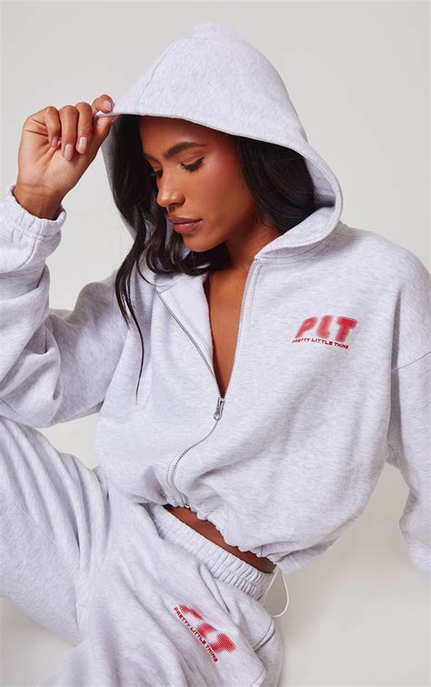 Plt Grey Marl Elasticated Hem Zip Up Hoodie Athleisure