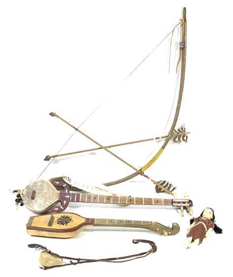 Lot Stringed Ethnic Instruments Bow And Arrow Doll