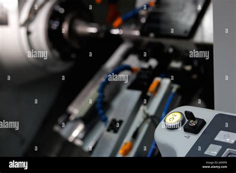 Close Up Of Cnc Turning Lathe Machine Selective Focus On OK Push Button Stock Photo Alamy