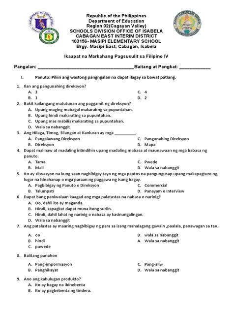 Filipino 4th Quarter Exam 1 Pdf