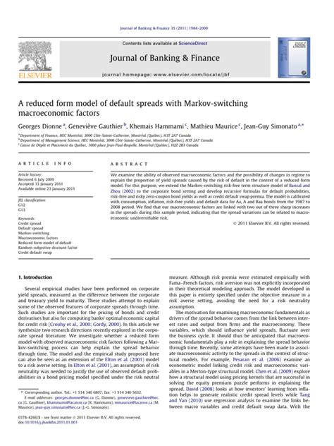 A Reduced Form Model Of Default Spreads With Markov Switching Macroeconomic Factors Pdf