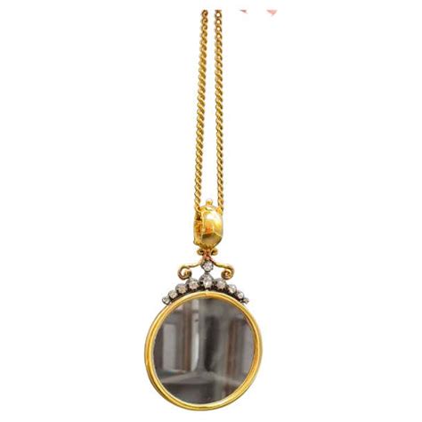 Victorian Monocle Magnifying Glass Diamonds Gold Pendant Necklace For