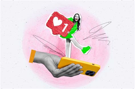 Creative Collage Of Black White Effect Arm Hold Smart Phone Mini Girl Dancing Hold Like