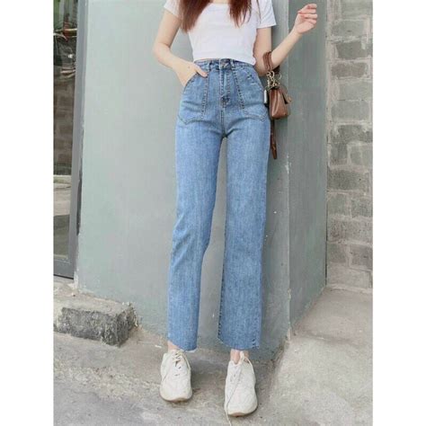 Quần Bò Jean Nữ ống đứng Jeans Cạp Cao Loe Co Giãn Shopee Việt Nam
