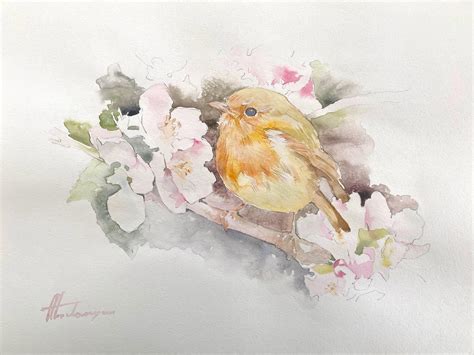Artyom Abrahamyan Robin Watercolor Handmade Painting For Sale At 1stdibs