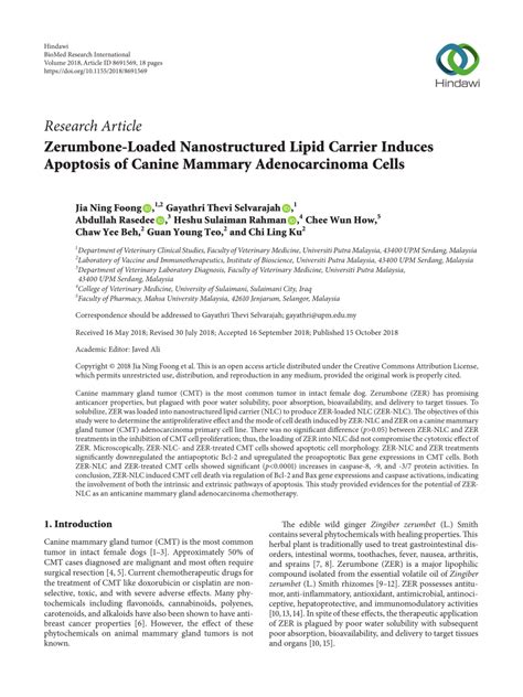 Pdf Zerumbone Loaded Nanostructured Lipid Carrier Induces Apoptosis