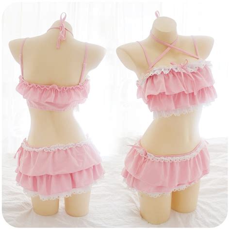 Japanese Cute Ruffle Pink Flower Swimsuit Sofyee