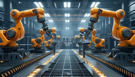 Modern Machinery In The Factory Works With Automated Robotic Arms Stock Illustration
