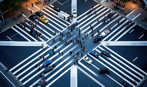 A Traffic Intersection With Cars And Pedestrians Crossing Background
