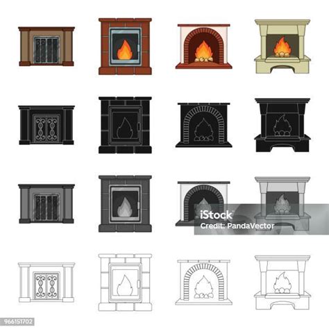 벽난로 화재 온 정 그리고 안락입니다 벽난로의 다른 종류는 만화 블랙 단색 개요 스타일 벡터 기호 재고 아이소메트릭 일러스트 웹 컬렉션 아이콘을 설정합니다 벽난로에 대한