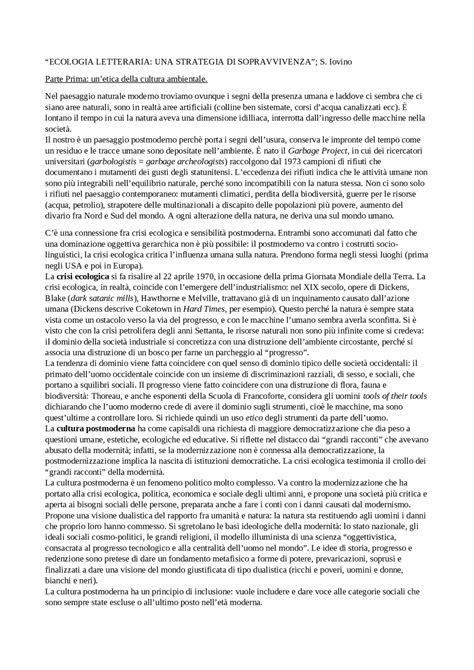 Ecologia Letteraria Riassunto Docsity
