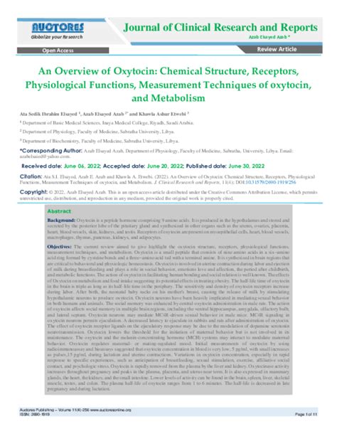 Pdf An Overview Of Oxytocin Chemical Structure Receptors