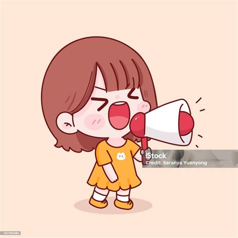 สาวน่ารักเด็กถือโทรโข่งมือวาดภาพประกอบตัวการ์ตูน ภาพประกอบสต็อก ดาวน์โหลดรูปภาพตอนนี้ เด็ก