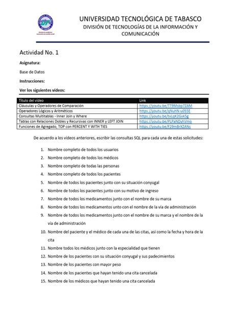 Base De Datos Aplic Actividad 1 Consultas Básicas Clinica Pdf Sql Bases De Datos