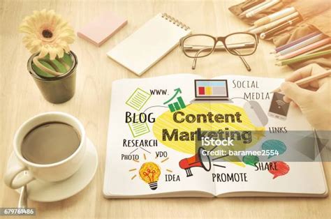 콘텐츠 마케팅 사무실 장비와 비즈니스도 서에 대 한 메시지입니다 비즈니스 성공 개념을 관리 합니다 새로운에 대한 스톡 사진 및 기타 이미지 Istock