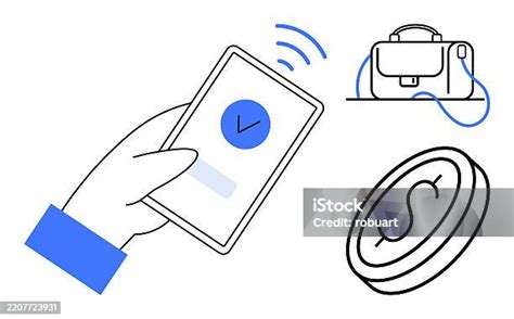 핸드 홀딩 스마트 폰에는 체크 표시 동전 서류 가방 기호가 있으며 모바일 결제를 나타냅니다 Brand Name Mobile Payment에 대한 스톡 벡터 아트 및 기타