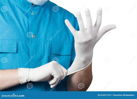 Guante Blanco Del Cirujano De La Ropa Masculina Desconocida Del Doctor En La Mano Imagen De