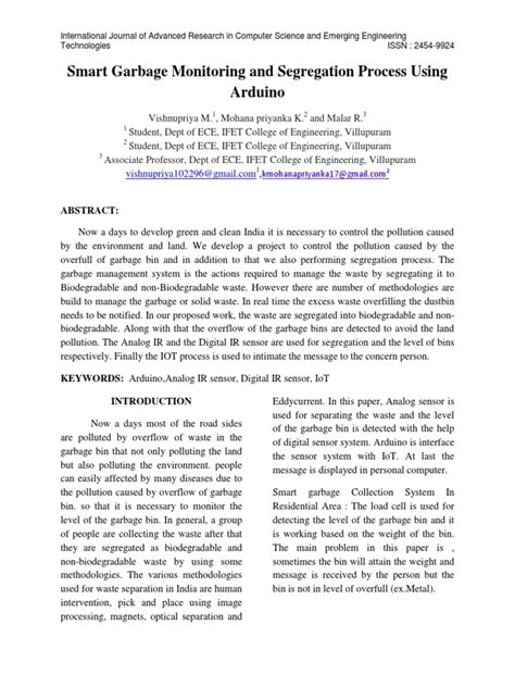 Smart Garbage Monitoring And Segregation Process Using Arduino Pdf Internet Of Things Robotics