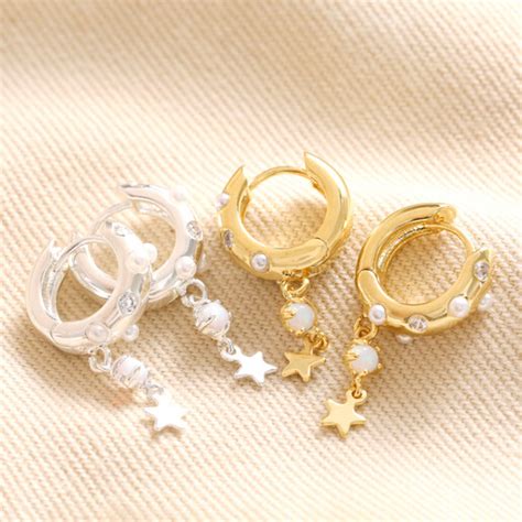 Pearl And Crystal Star Charm Huggie Hoop Earrings Silver Lisa Angel