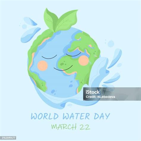 3 월 22 일 세계 물의 날을 귀여운 지구 만화 일러스트와 함께 행복합니다 세계 물의 날을 기념하세요 배너 포스터 인사말 카드