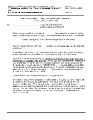 11 EX 40 Statutory Notice To Er Tenant Of Right To Reclaim Abandoned