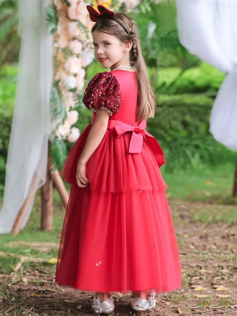 Girls Performance Princess Dress Sequin Puff Sleeve Mesh Temu