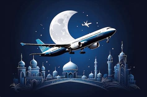 Premium Photo Eid Mubarak Creative Concept Design With Plane Eid Moon