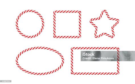 빨간색과 흰색 줄무늬가있는 크리스마스 사탕 지팡이 프레임 크리스마스 원 타원형 줄무늬 사탕 롤리팝 패턴이있는 사각형 테두리 빈 크리스마스 템플릿 흰색 배경에 고립 된 벡터