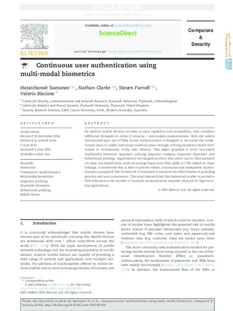Pdf Continuous User Authentication Using Multi Modal Biometrics