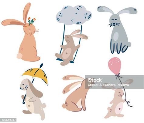 토끼 세트 귀여운 손은 구름 풍선과 꽃토끼를 그립니다 어린이 인쇄 흰색 배경에 격리 된 벡터 만화 그림입니다 0명에 대한 스톡 벡터 아트 및 기타 이미지 Istock