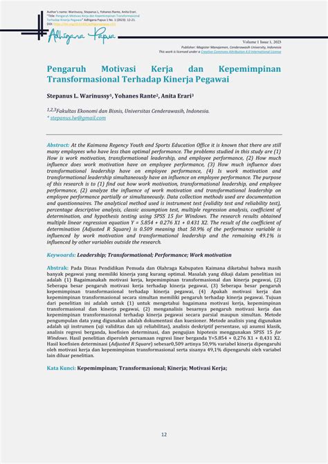 Pdf Pengaruh Motivasi Kerja Dan Kepemimpinan Transformasional