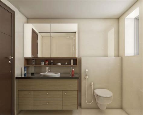 Compact Bathroom Design With Wooden Finish Vanity And Mirror Cabinet