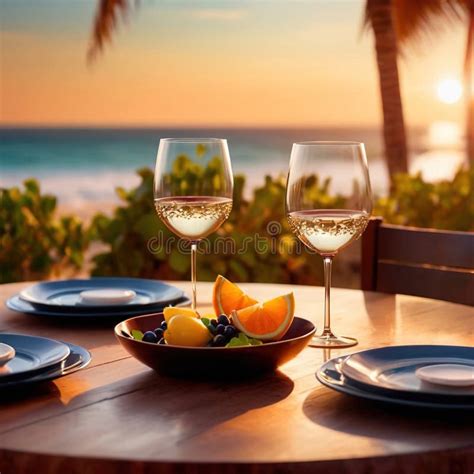 Romantic Set Table For Two Dinner At Sunset On Tropical Beach Stock