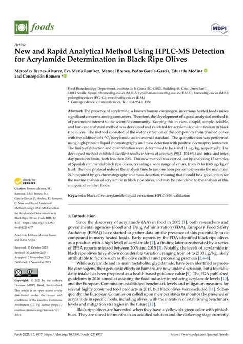 Pdf New And Rapid Analytical Method Using Hplc Ms Detection For Acrylamide Determination In