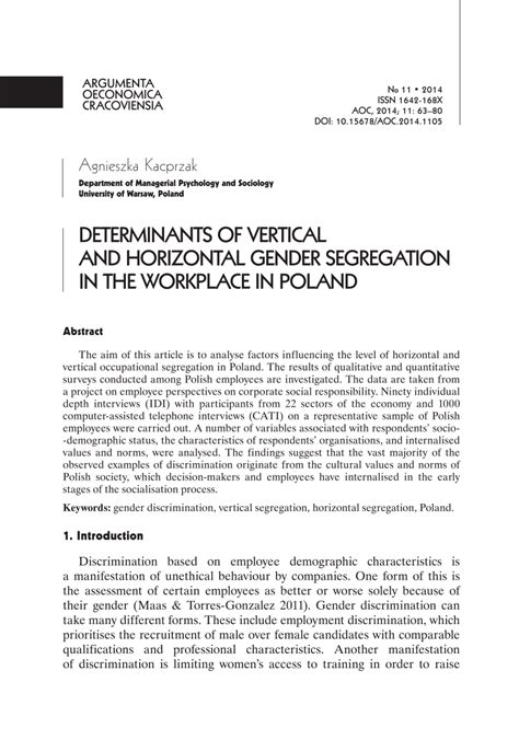 Pdf Determinants Of Vertical And Horizontal Gender Segregation In The Workplace In Poland